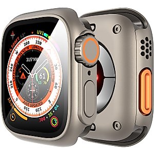 ﻿ Suoman 3 in 1 for Apple Watch Series 9/8/7/6/5/4/SE 2 45mm Case, 9H Tempered Glass Screen Protector+ Full Coverage Durable PC Hard Matte Protective Cover Bumper -Titanium