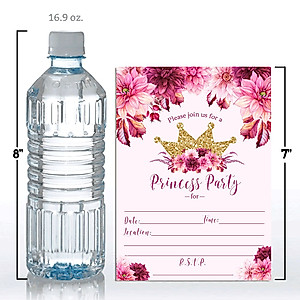 Watercolor Floral Princess Birthday Party Invitations with Pink and Burgundy Dahlias and Gold Glitter Crown, 20 5x7 Fill In Cards with Twenty White Envelopes by AmandaCreation