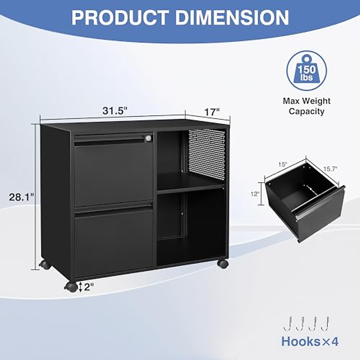 LISSIMO Lateral File Cabinet,2 Drawer Mobile Storage Cabinet with Lock fits A4 or Letter Size for Home Office,Rolling Printer Stand with Open Storage Adjustabl Shelves(Black)