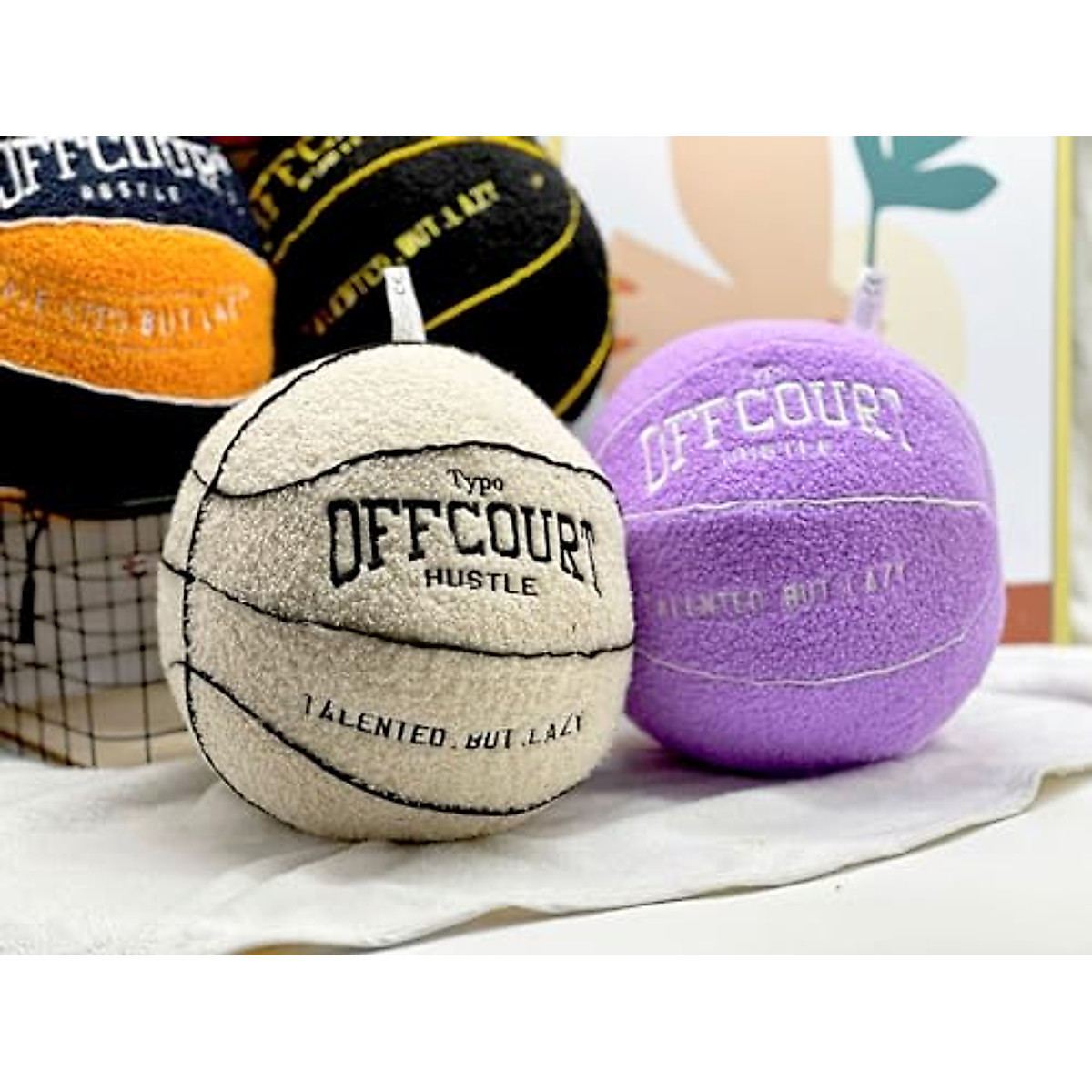 Tezimjia 2023 New Offcourt Basketball Pillow,11" Basketball Shaped Pillow Teddy Fleece Embroidered Basketball Throw Pillow Fuzzy Plush Toy Gifts for Kids Boys Girls (Beige)