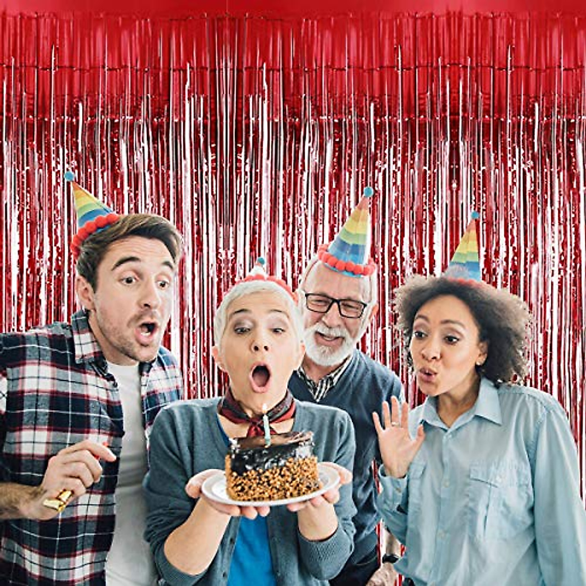 BTSD-home Red Foil Fringe Curtain, Metallic Photo Booth Backdrop Tinsel Door Curtains for Wedding Birthday Bridal Shower Baby Shower Bachelorette Christmas Party Decorations(4 Pack, 8ft x 3ft)