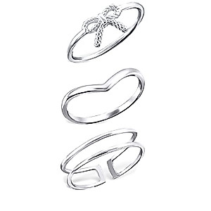 ICYROSE 925 Sterling Silver set of 3 Bow, Plain Pointed, Double Connected Above Knuckle Ring Mid Finger Top