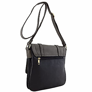 ALYSSA Double Compartment Large Two-Tone Colorblock Flapover Crossbody Bag (Charcoal Grey/Black)