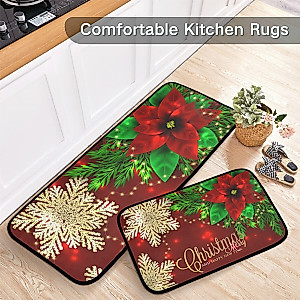 ALAZA Christmas Kitchen Rug and Mat, Kitchen Rug Mat 2 Set for Floor Christmas Poinsettia and Snowflakes (1)