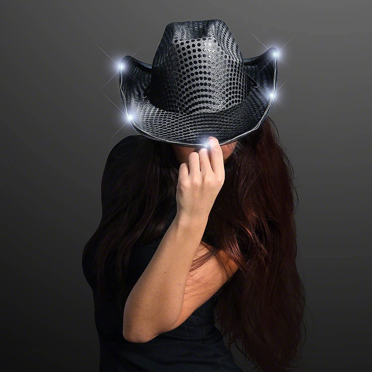 FlashingBlinkyLights Black Sequin Light Up LED Cowboy Hat