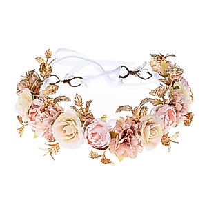 DDazzling Women Girls Handmade Princess Headpiece Forest Wedding Vintage Flower Crown Hair Accessories Photo Props (Gold Coffee Purple Beige)
