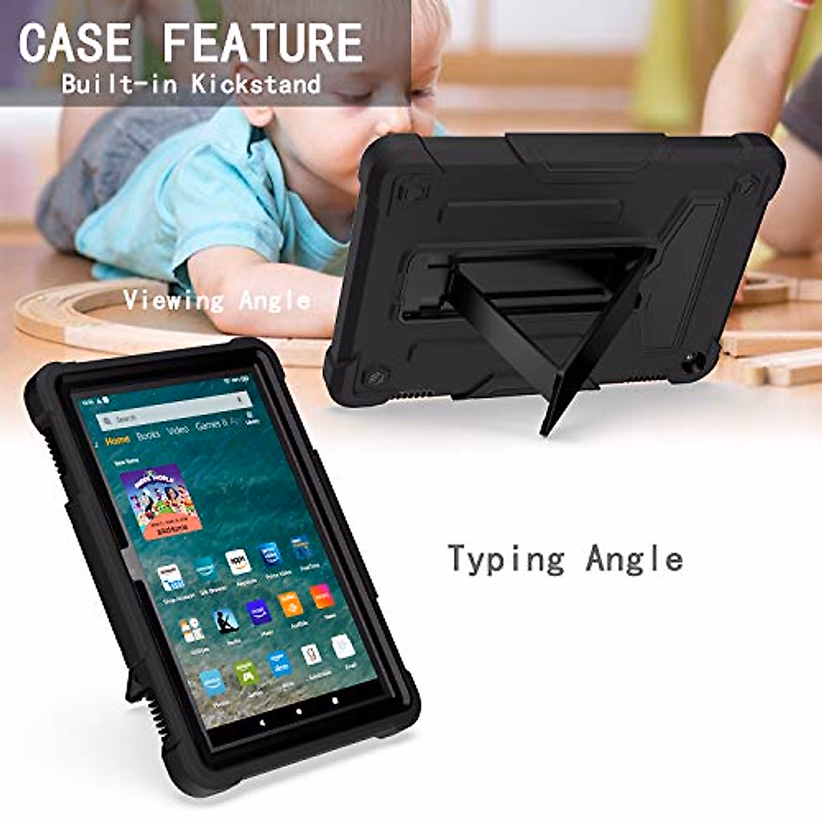 EpicGadget Case for Amazon Fire HD 8 / Fire HD 8 Plus (12th Generation, 2022 Released) - Heavy Duty Hybrid Protection Cover Case with Kickstand + 1 Screen Protector and 1 Stylus (Black/Black)