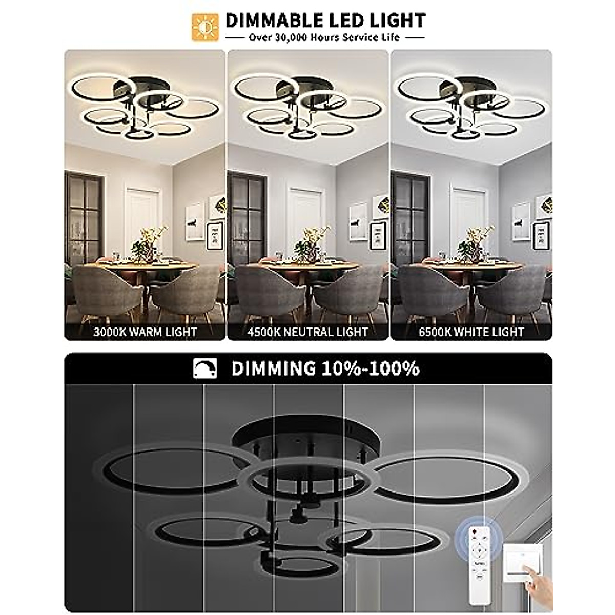 SEABLE Modern LED Ceiling Light 7 Rings Dimmable Ceiling Light Fixtures with Remote Black Close to Ceiling Light 31.8" 130W 3000K-6500K Flush Mount Ceiling Lamp for Living Room,Bedroom,Kitchen