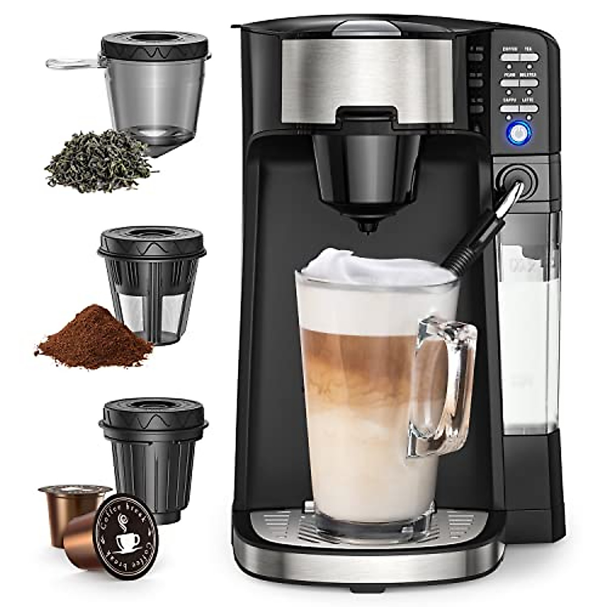 Boly 6-In-1 Coffee Maker with Auto Milk Frother, Single Serve Coffee, Tea, Latte and Cappuccino Machine, Compatible With Capsule & Ground Coffee, Compact Coffee Maker