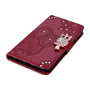 Ephoou Compatible with Apple iPhone 15 Pro Flip Glitter Wallet Case for Women, Pu Leather with Card Slots Crystal Diamond Owl Embossing Shockproof Cover Case for iPhone 15 Pro MTY-Red