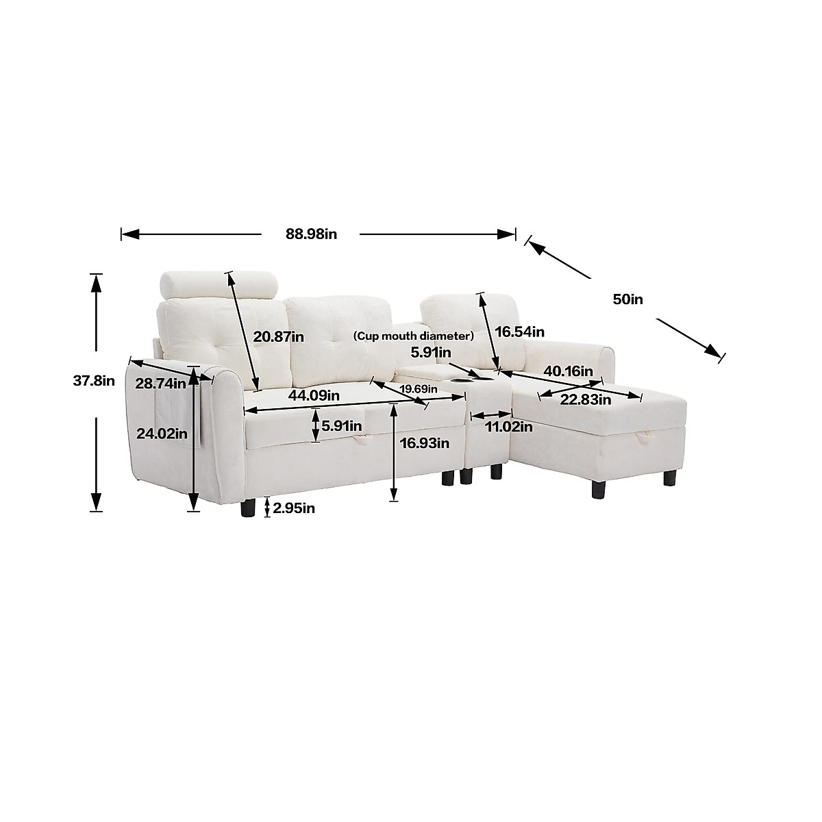 HomSof Sectional Sofa Set with Chaise Lounge, Storage, Cup Holder and Side Pocket, 3-Seat L-Shaped Couch for Small Spaces, Living Room