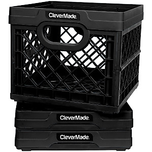 CleverMade - Collapsible Milk Crates, 25L Plastic Stackable Storage Bins CleverCrates Utility Folding Baskets, Pack of 3, Black