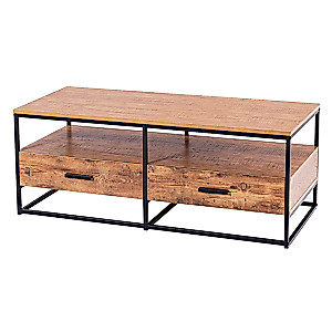 Giantex Coffee Table Two Tiers W/Drawers Storage Metal Solid Frame, Natural Wood Decorative Line Pattern, for Living Room Bedroom Accent Cocktail Sofa Side Table