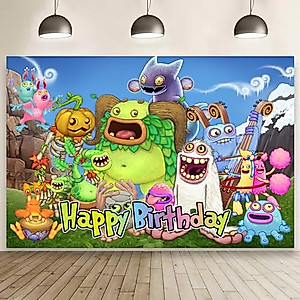 Singing Monsters Birthday Decorations, Singing Monsters Happy Birthday Banner Backdrop for Singing Monsters Birthday Party Supplies (5x3ft)