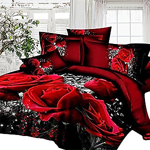 Longji 3D Oil Painting red Rose Bedding Set Queen King Size Comforter Bag Duvet Cover Set (Size : Queen 4pcs Duvet Cover 200x230cm)