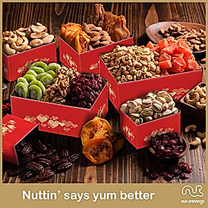 Dried Fruit & Mixed Nuts Gift Basket Red Tower + Heart Ribbon (12 Assortments) Purim Mishloach Manot Gourmet Food Bouquet Arrangement Platter, Birthday Care Package, Healthy Kosher Snack Box