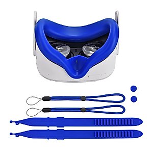 XIAOGE VR Face Cover and Touch Controller Grip Wrist Straps for Oculus Quest 2, Sweatproof Silicone Face Cushion & Adjustable Wrist Knuckle for Oculus Quest 2 VR Headset (Blue)