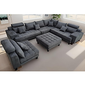 Stendmar 5-Piece L Shape/U Shape Living Room High Back with Headrest Reversible Contemporary Dark Grey Microfiber Fabric Sectional Couch Sofa Set S150D5A