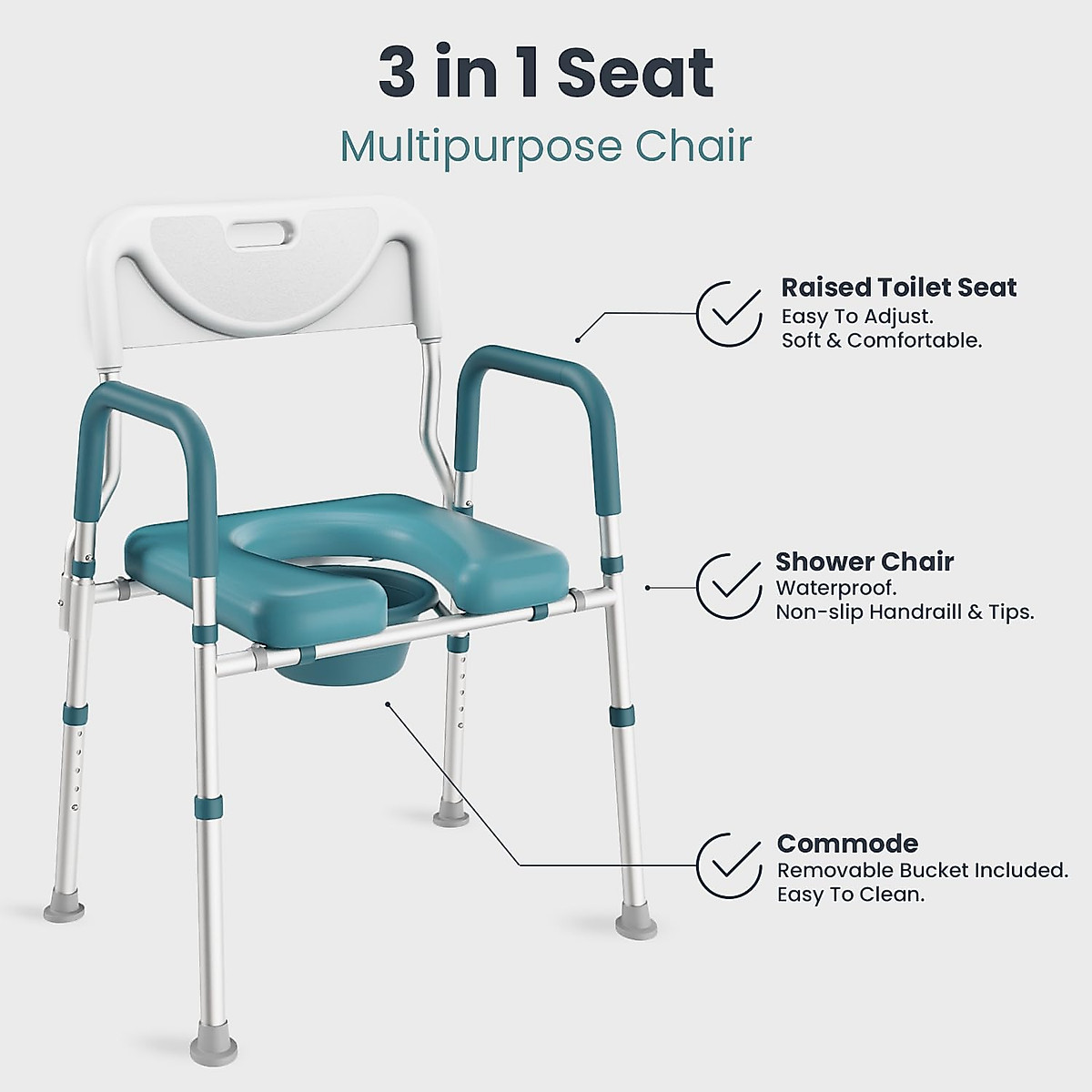 PELEGON Raised Toilet Seat with Handles (400lb) - Adjustable 3 in 1 Commode Chair for Toilet with Arms, Toilet Riser with Handles, Bedside Commode Chair, Handicap Toilet Seat for Elderly (Grey)