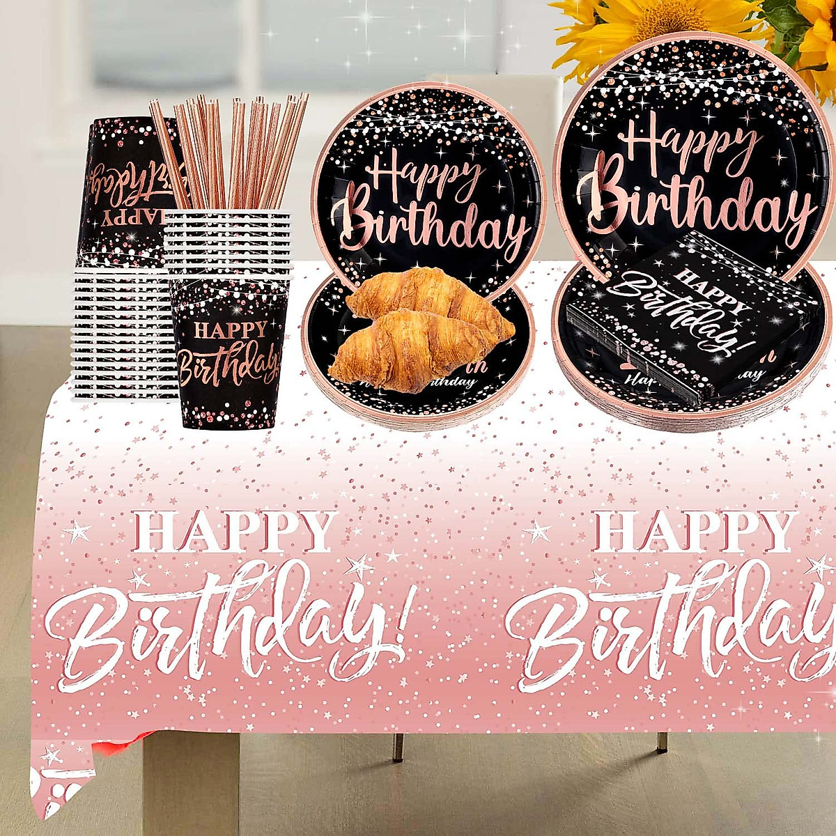 happy birthday decorations plates for women - (Total 121pcs) rose gold plates and napkins party supplies, Cups, Straws, tablecloth, Disposable Tableware for 24 Guests