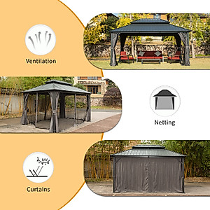 Domi 10' x 14' Hardtop Gazebo Permanent Metal Gazebo with Galvanized Steel Double Roof, Curtains and Netting for Outdoor Dining, Party, Patio, Backyard, Grey