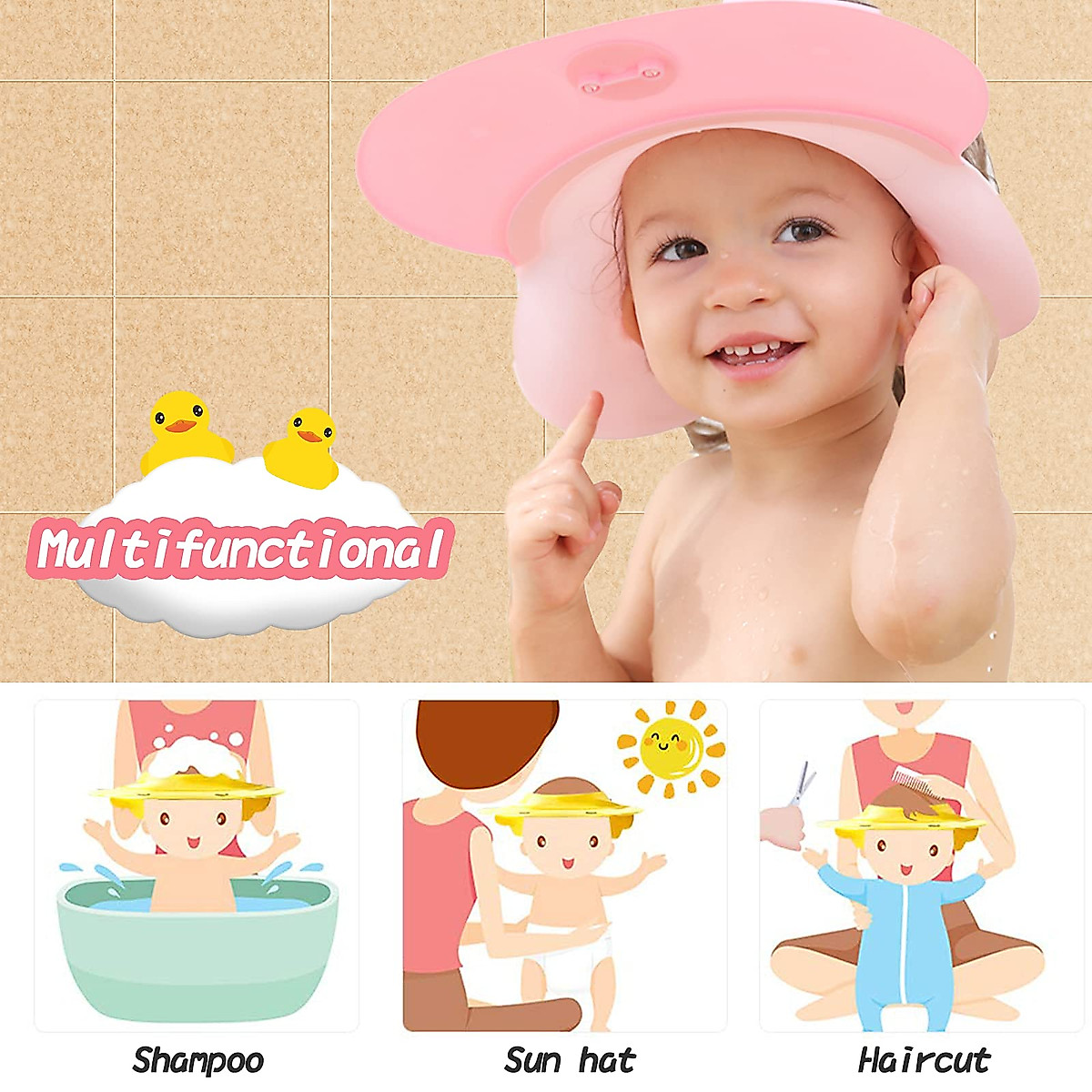 Baby Shower Hat, Adjustable Toddler Hair Washing Visor, Soft Silicone Baby Shampoo Cap for Girls Boys Toddler to Stop Water in Eyes (Duck-Blue)