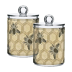 ALAZA Vintage Bee Honeycomb Pattern Qtip Holder Organizer Dispenser For Cotton Ball, Cotton Swab, Cotton Round Pads, Floss,Bathroom Canisters Storage Organizer, Vanity Makeup Organizer,2Pack