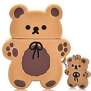 Cute AirPods Cases with Bear Keychain Cartoon Biscuit Bear Design Full Protective Silicone Cover Compatiable with AirPod 2&1 Case for Kids and Womens (Dark Brown)