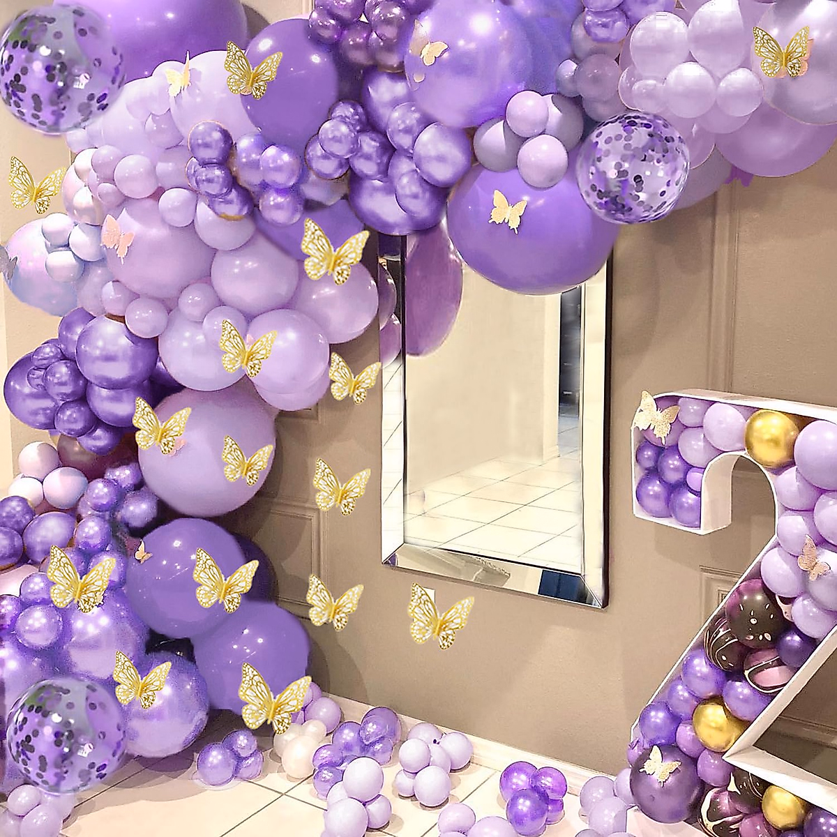 Purple Balloon Arch Garland Kit with 12Pcs 3D Butterfly Wall Decor Birthday Bachelorett Bridal Shower Engagement Wedding Baby Shower Graduation Retirement Mother's Day Party Decorations