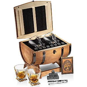 ROCKSLY Whiskey Stones Gift Set for Men in Whiskey Half Barrel Gift Box | 8 Whiskey Rocks, 2 Whiskey Glasses in a Whiskey Box Gift Set | Granite Bourbon Stones | Whiskey Kit for Men: Dad, Boyfriend