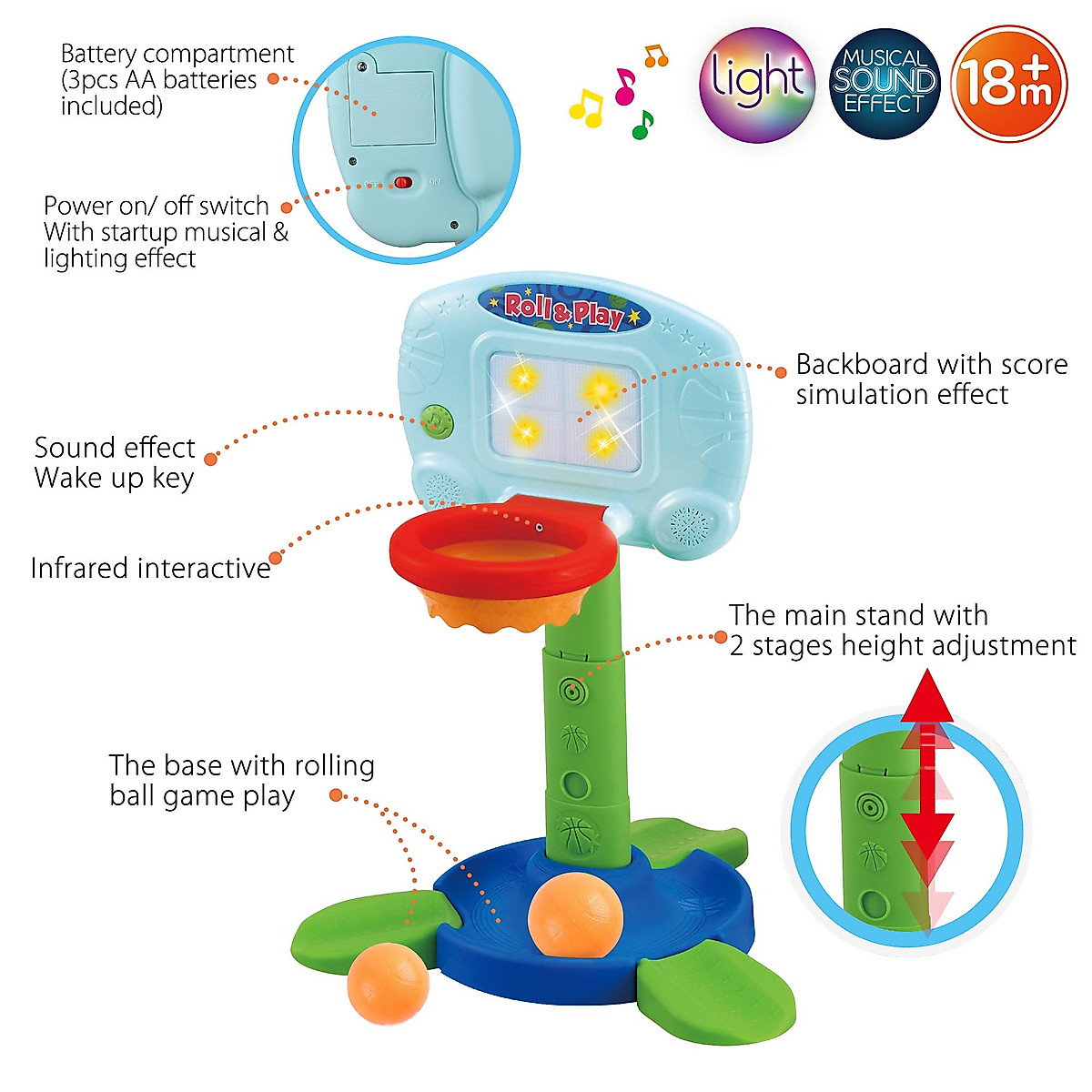 LotFancy Basketball Hoop for Kids Toddlers 9m-3y, Infant 2 in 1 Adjustable Sports Toy Set, Baby Interactive Learning Toy, with Light and Music, Indoor Basketball Game, Battery Include