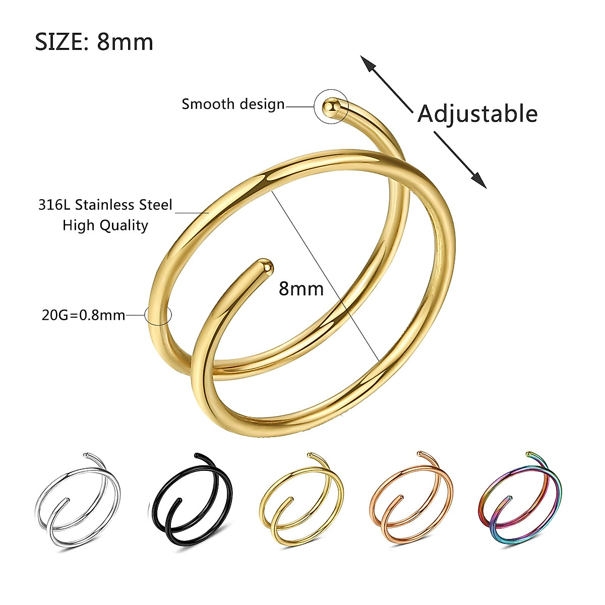 KWUNCCI Double Hoop Nose Ring for Single Piercing 20G Surgical Steel Spiral Nose Rings Hoops Double Nose Ring for Women Men Nose Piercing Jewelry - 8 10mm - Silver Black Gold Rose Gold Rainbow
