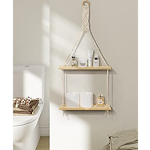 Afuly Macrame Hanging Shelves Wall Floating Shelf Natural Wood Chic Boho Decor 2 Tiers Pine Wood Cotton Rope Beige for Bedroom Bathroom Living Room Decor Ready to Hang, Beige