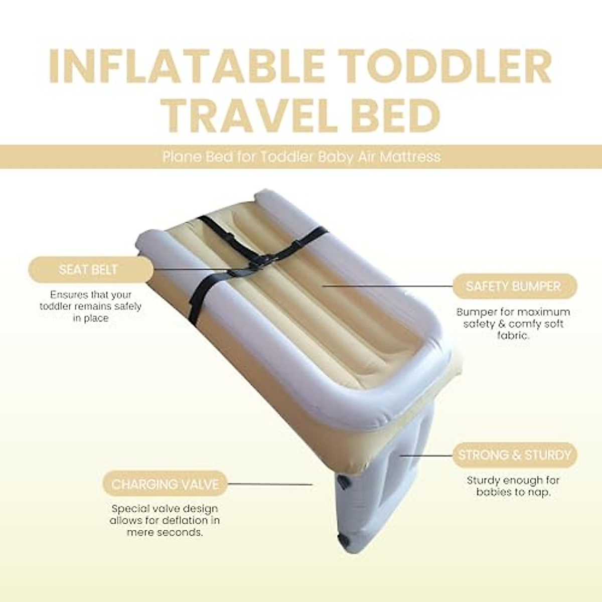Gembebe Safe and Convenient Traveling with Inflatable Toddler Airplane Bed - Includes Hand Pump, Equipped with Seat Belt, Comes with Carry Bag, BPA-Free Material, Perfect for Airplane Travel (Yellow)