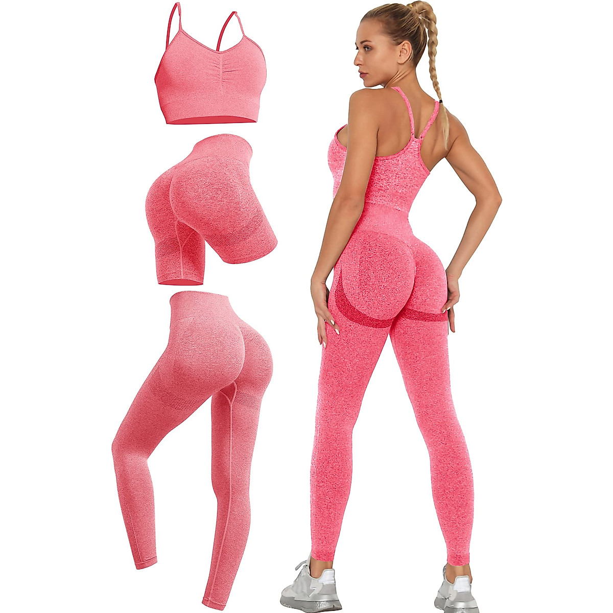 3 Piece Workout Sets for Women Scrunch Butt Lift Leggings Shorts with Pleated Strappy Sports Bra Active Outfits (Pink- 3 Piece,M)