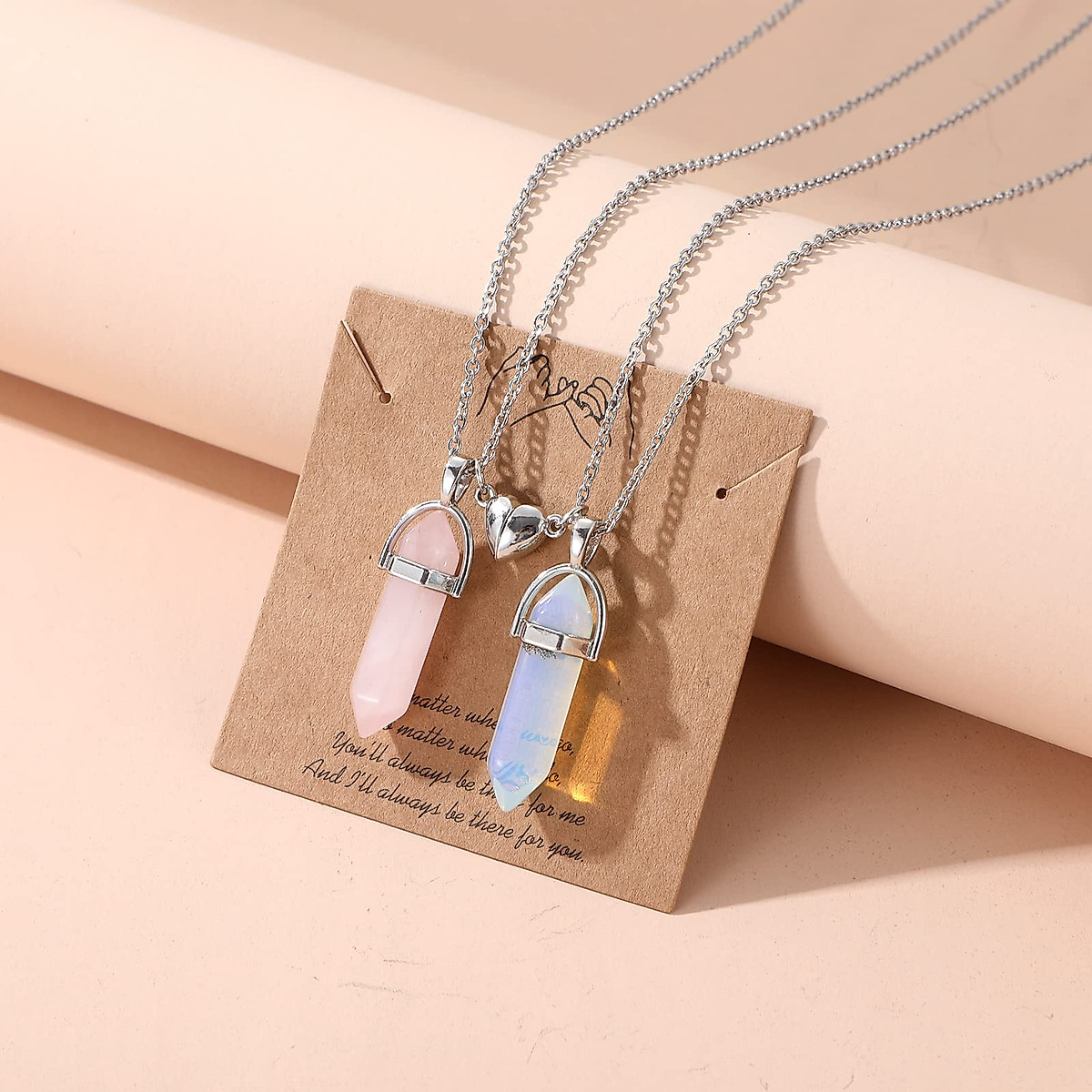 MJartoria BFF Necklace for 2 Crystal Charms Best Friend Necklace Matching Pendant Friendship Necklace for Couples Gifts (Blue+Pink, Matching Heart)