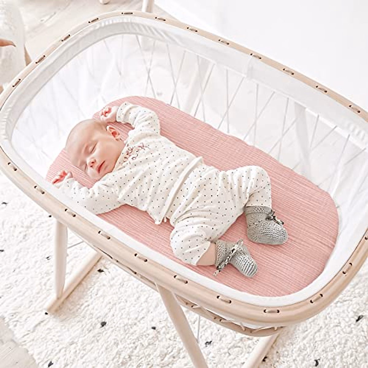 Ultra Soft Muslin Bassinet Sheet for Baby Girl and Boy,Breathable Organic Cotton Bassinet Sheets Fitted for 30’’x16’’ Standard Bassinet (Pink)