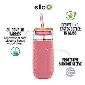 Ello Devon Glass Tumbler with Splash Proof Wooden Lid and Straw, Protective No Sweat Silicone Sleeve, Perfect for Smoothies and Iced Coffee, BPA Free, Dishwasher Safe, Multicolor, 18oz