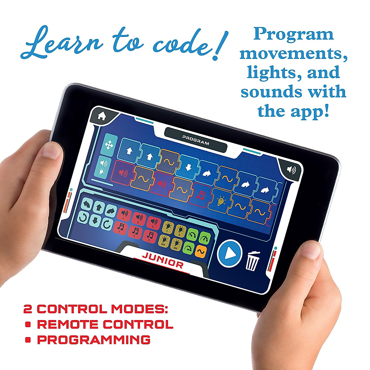 Thames & Kosmos Robotics Smart Machines Junior STEM Kit, Build & Code Your Robot’s Movements, Speed, Lights & Sounds, for Ages 8+, Use Screen-Free w/Built-in Buttons or via Block-Based Coding App