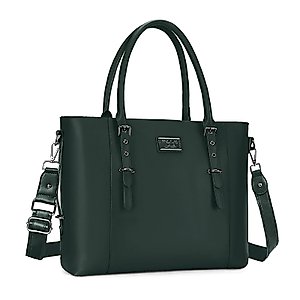 MOSISO PU Leather Laptop Tote Bag for Women (13-13.3 inch), Waterproof Large Capacity Business Work Briefcase Shoulder Laptop Bag, Midnight Green