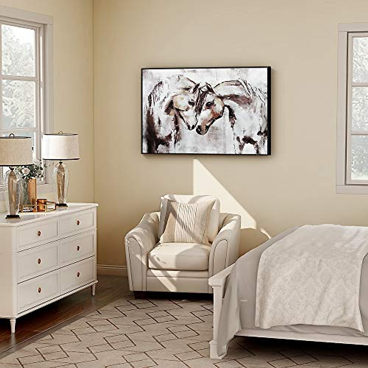 lamplig Horse Pictures Large Hand Painted Wall Art Oil Paintings Brown Animal Canvas Prints Farmhouse Wall Decor Horses Head to Head Artwork Stretched Black Frame for Bedroom Living Room 48x32 inch