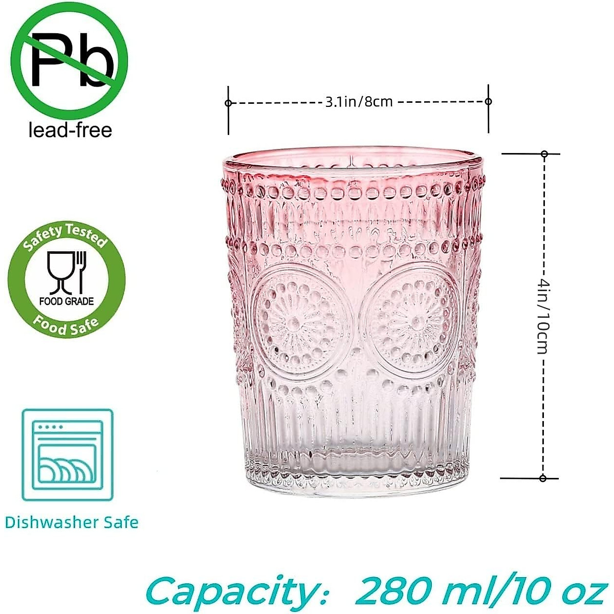 Amzcku Pink Drinking Glasses Set of 4, Vintage Glassware 10 oz- For Cocktails, Mixed Drinks, Whiskey, Beverage, Water, Milk and Juice