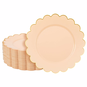 BLUE PANDA 50 Pack Ivory Pink Plastic Plates for Party, 9 Inch Disposable for Party Supplies, Wedding, Gold Foil Scalloped Edges