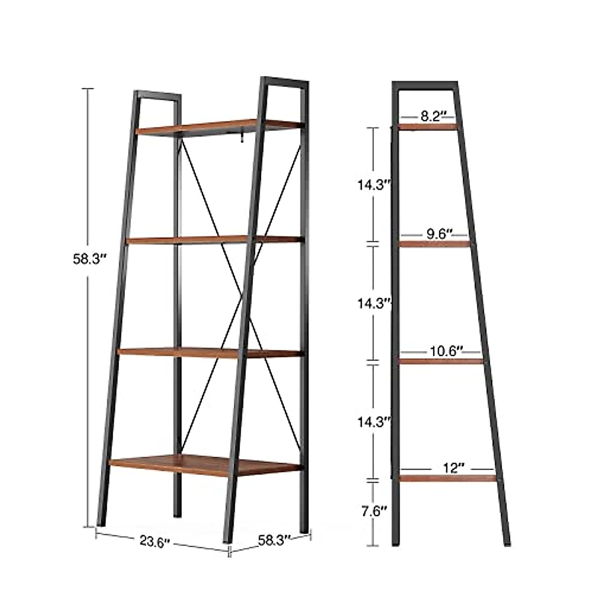 FURNINXS Ladder Shelf Bookcase, Bookshelf 4 Tier, Industrial Standing Shelf Storage Rack Storage Organizer Plant Stand, Steel Frame Book Shelf for Living Room/Bedroom/Kitchen/Bathroom - Red Brown