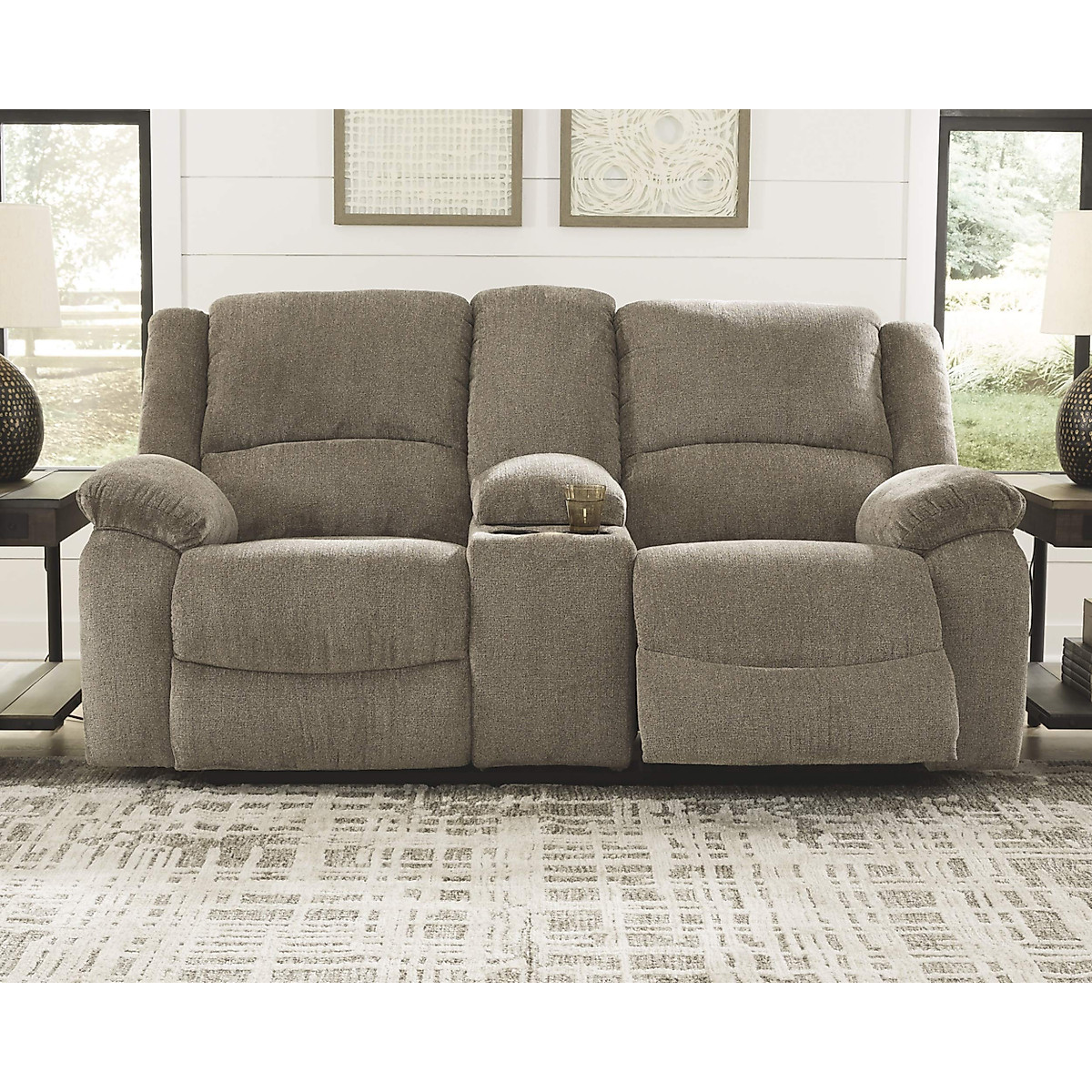 Signature Design by Ashley Draycoll Manual Double Reclining Loveseat with Center Console, Light Brown