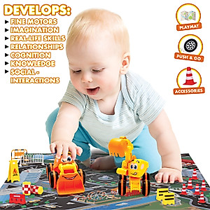 Toys for 3 Year Old Boy - 3 Friction Powered Trucks for 3+ Year Old Boys, Playmat & 16 Accessories, Push & Go Cars Cartoon Construction Vehicle Set - Toddler Boys Toys & Toy Trucks, Toddler Toys