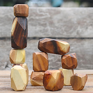 12 Pcs. Wooden Balancing Blocks: Handmade Meditative Educational Game Sensory STEM Toy Stacking Game Wood Balance Rocks Set (Tum ISHI) Montessori with Cotton Bag