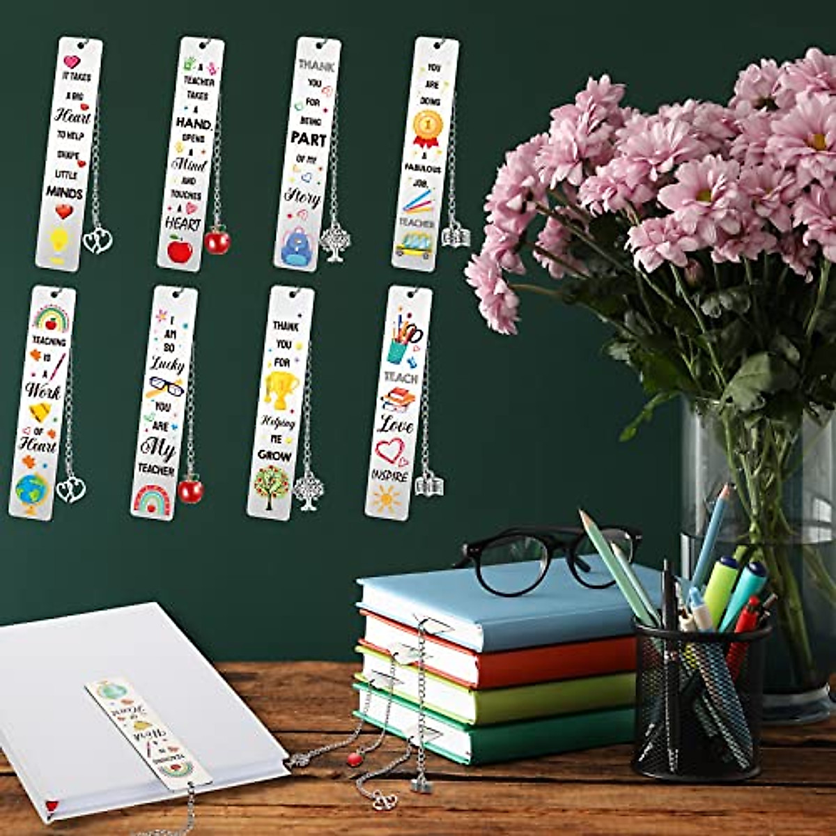 8 Pieces Teacher Appreciation Gifts Teacher Bookmark with Pendant Birthday Graduation Gift for Teachers Instructors Metal Vintage Bookmarks Teacher Gift from Students School Office Supplies