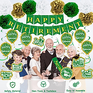 Retirement Decorations Green Gold Beach Theme Happy Retirement Party Decorations Men Women Happy Retirement Banner Gifts, Retirement Decor Double-Sided Pattern Card, Pompoms Hanging Swirl Retired Sash