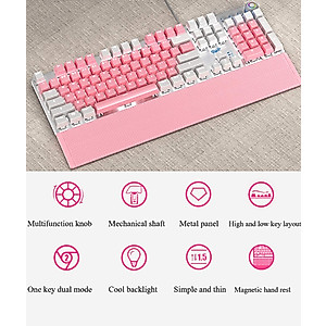 Mechanical Gaming Keyboard, with Multimedia Knob, Wrist Rest, Metal Panel, White LED Backlit, Pink and White PBT Keycaps, USB Wired Full-size Keyboard for Gamer Office PC Laptop Mac (Blue Switch)